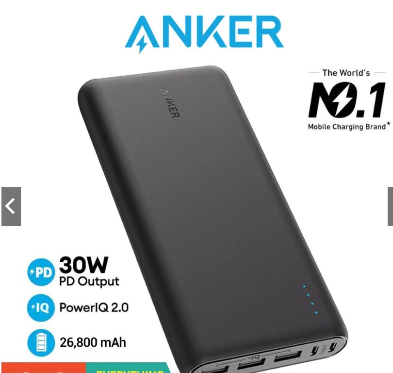 Authentic Anker Powerbank PowerCore Power Bank 26800mAh Portable Charger A1277 - used once only ...