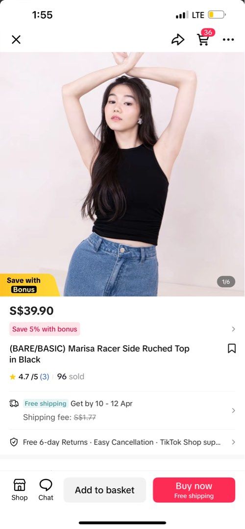 (BARE/BASIC) Marisa Racer Side Ruched Top in Black, Women's Fashion ...