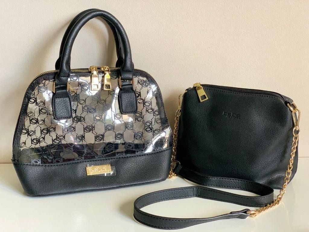 BEBE JODIE CLEAR BLACK LOGO SMALL DOME SATCHEL CROSSBODY SLING BAG ...