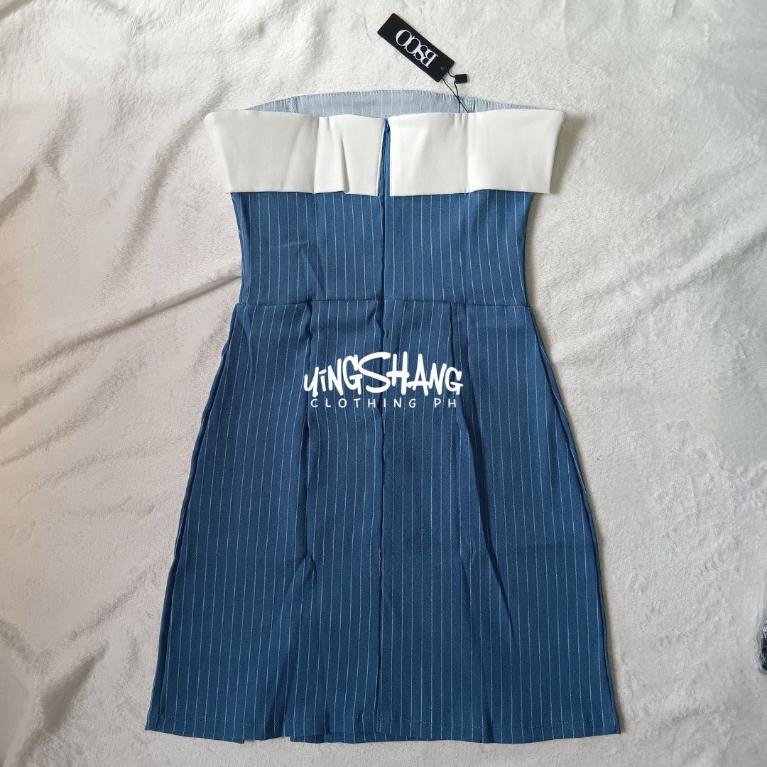 BSCO Luna Striped Denim Blue White Contrast Tube Bodycon Mini Dress ...