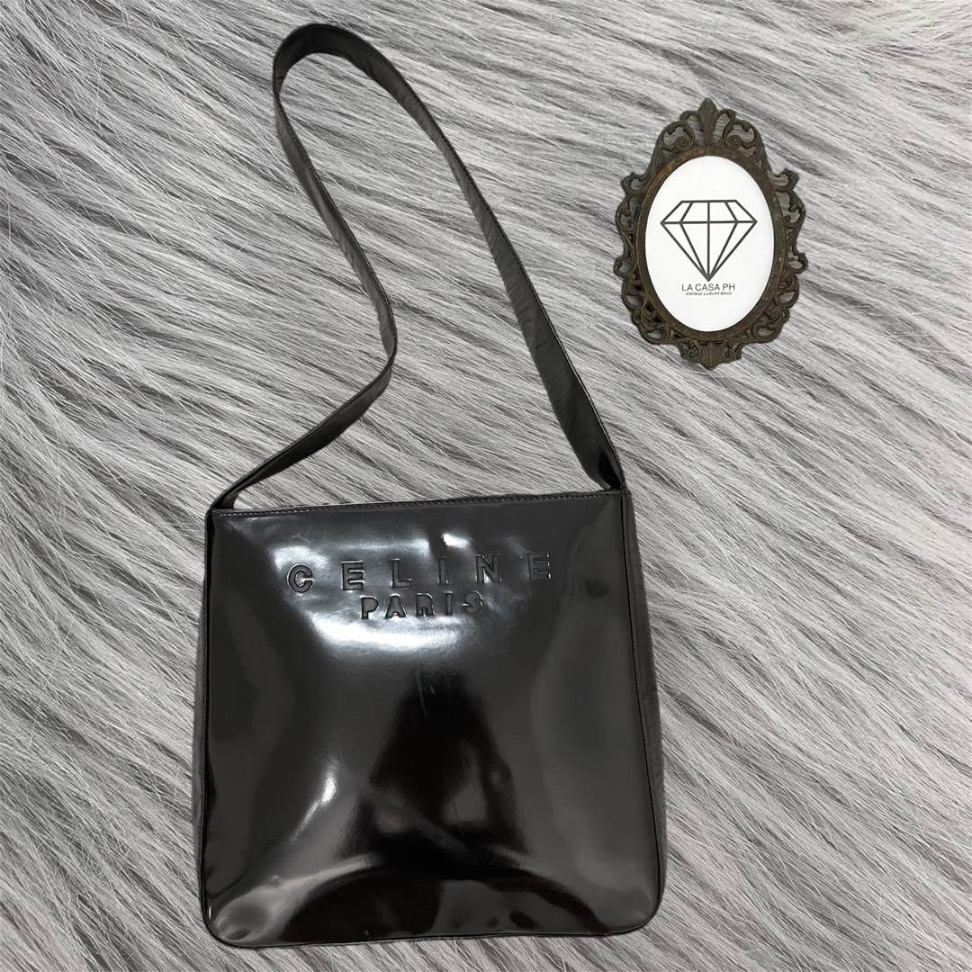 CELINE Signature Logo Patent Leather Shoulder Bag, Luxury, Bags ...