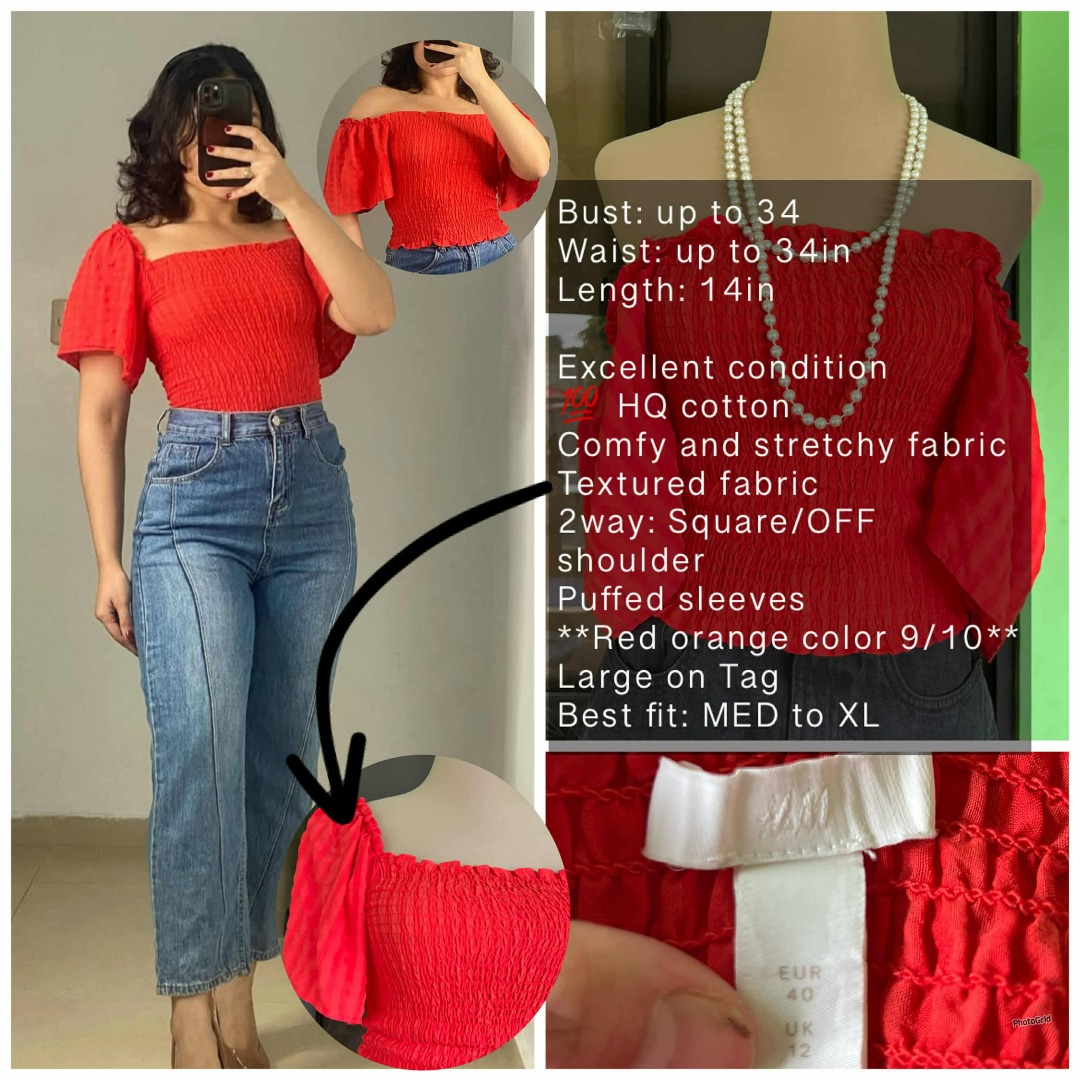 H&M RED ORANGE 2WAY BLOUSE FULL SMOCKED TOP MEDIUM- LARGE, Women's ...