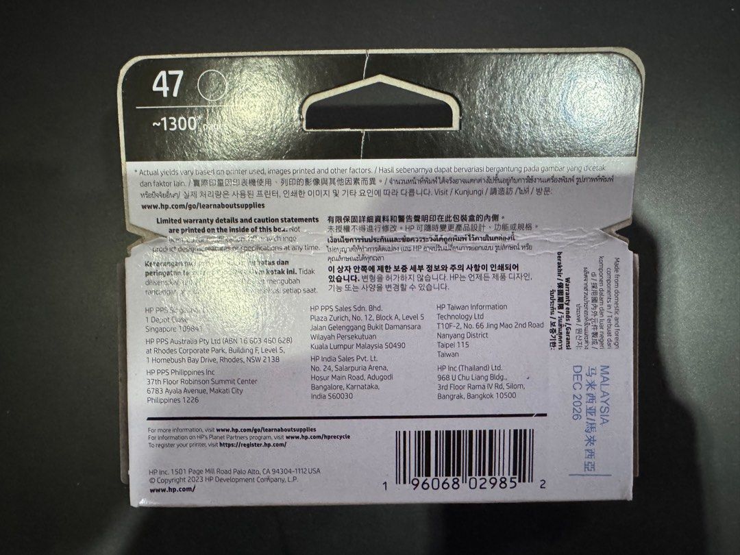 HP 47 Black Original Cartridge, Computers & Tech, Printers, Scanners ...