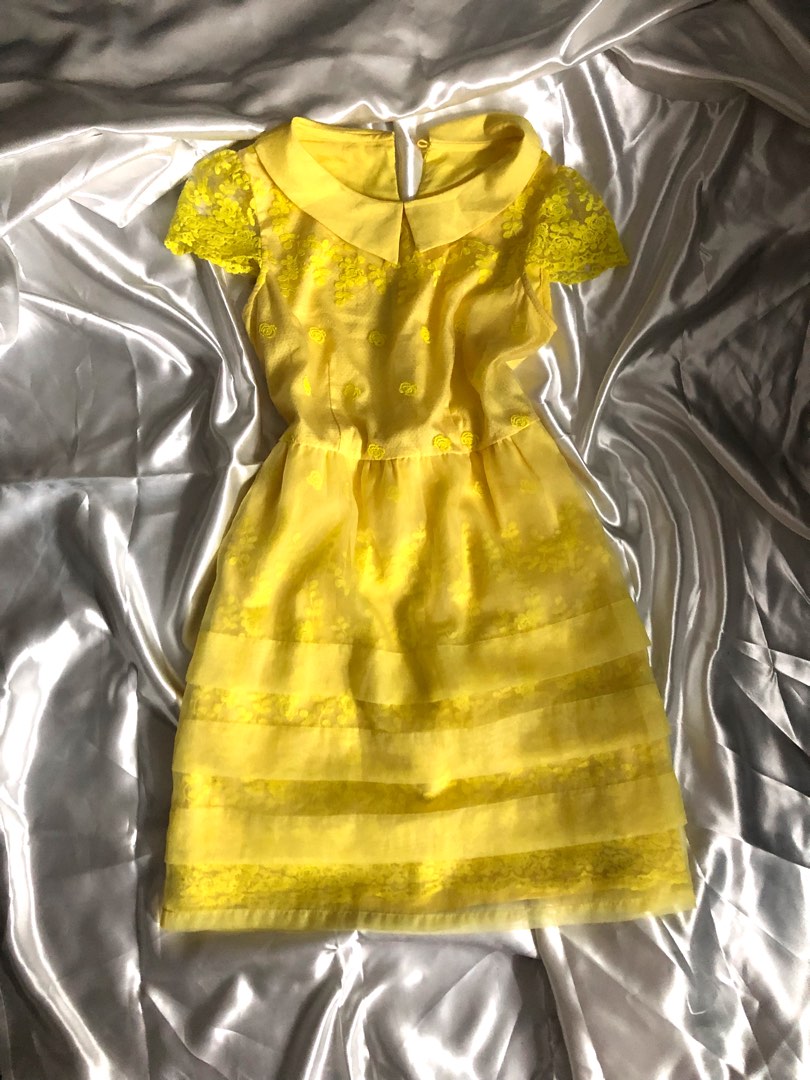Lemon yellow dress with lace and floral embroidery design for formal ...