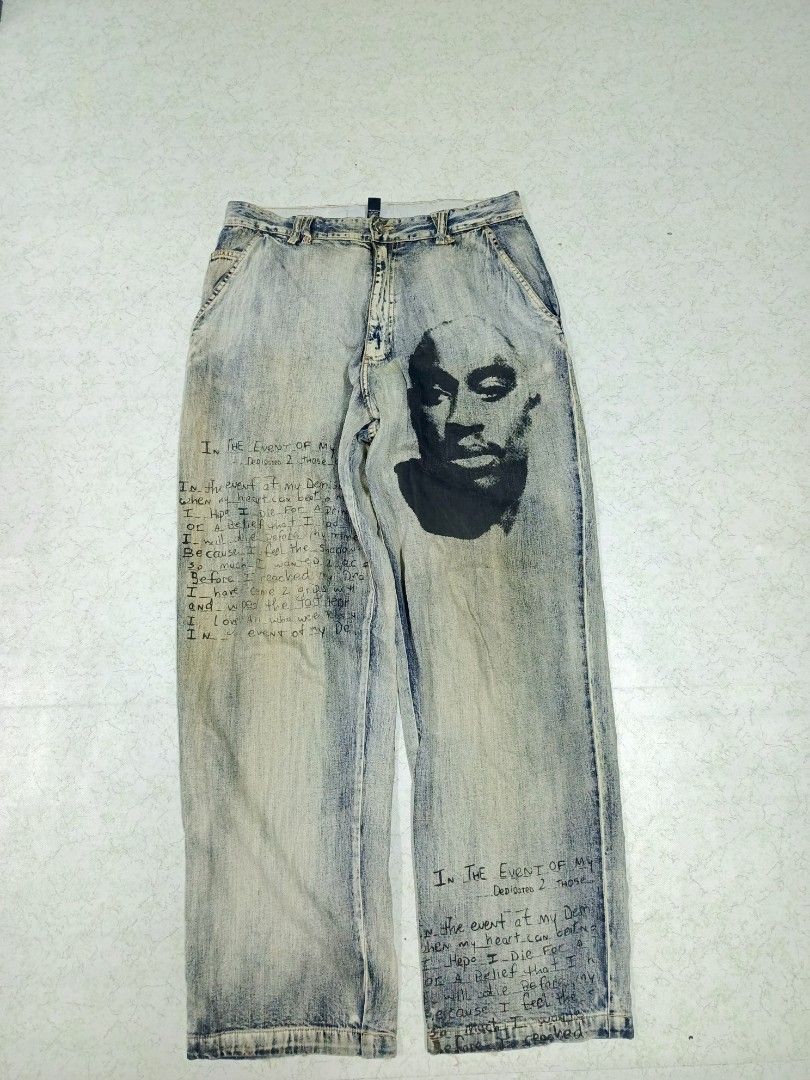 Makaveli Branded Tupac 2pac Denim Baggy Jeans Pants HIPHOP Gray, Men's ...