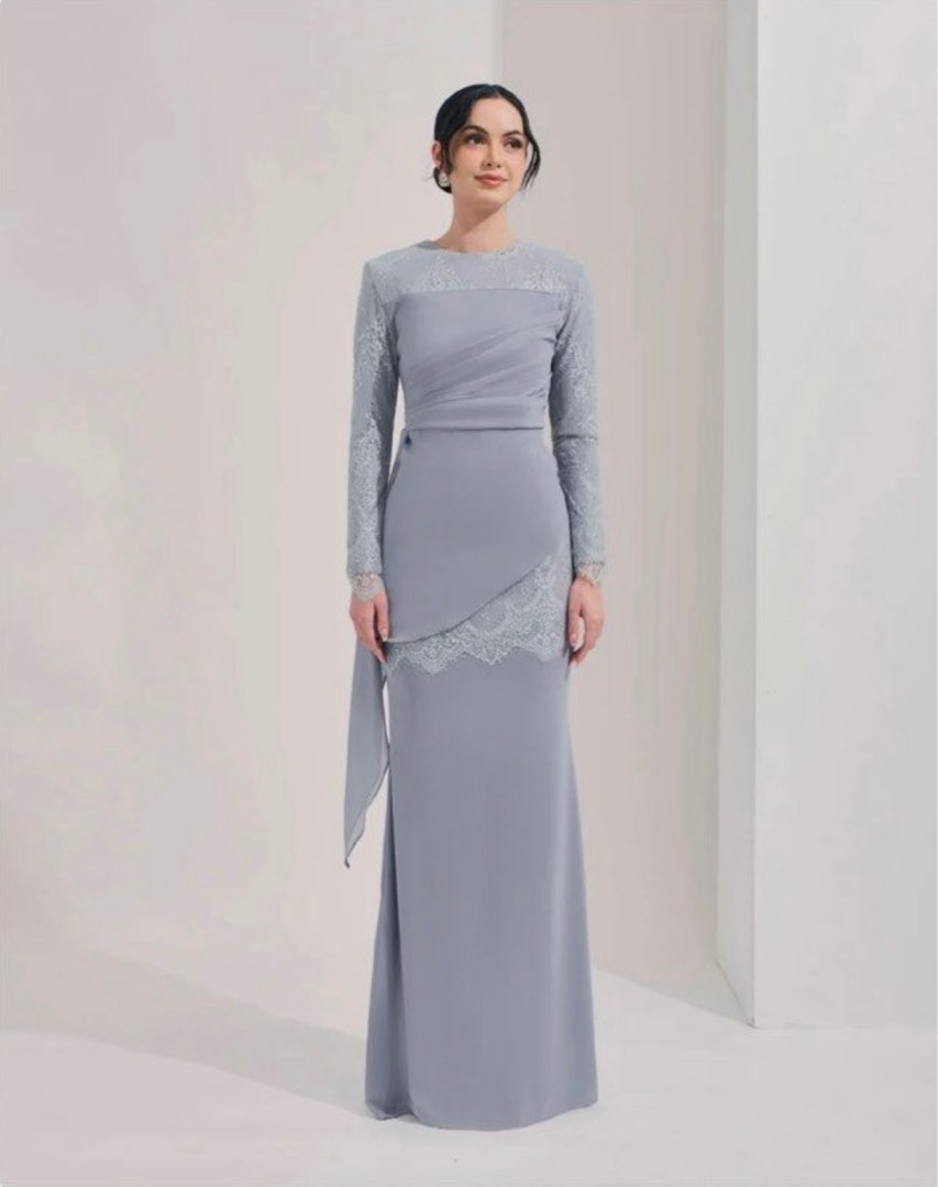Qiszar Hannah Luxe Storm Grey lace kurung, Women's Fashion, Muslimah ...
