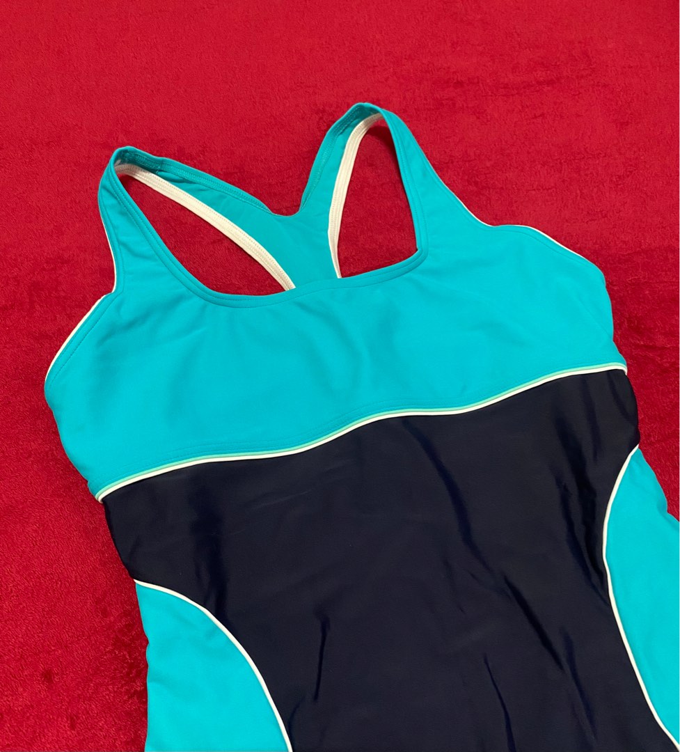 Turquoise Blue / Light Teal Square Neckline Color Block Peek-a-boo One ...