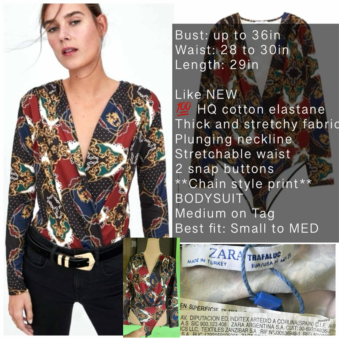 ZARA CHAIN STYLE V NECK LONG SLEEVE BODYSUIT SMALL-MEDIUM, Women's ...