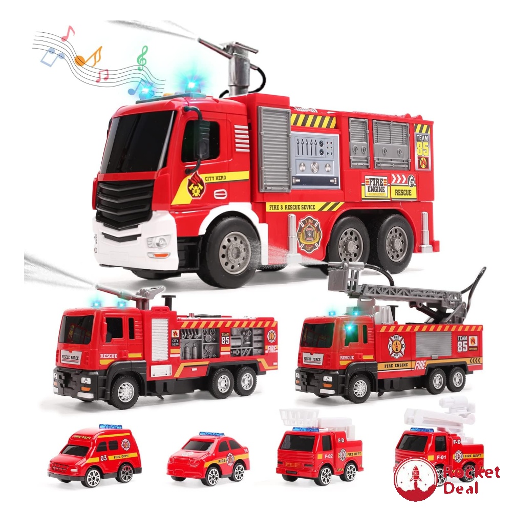 7 Pack Fire Trucks with Water Spraying Function, Fireman Toy Firetrucks ...