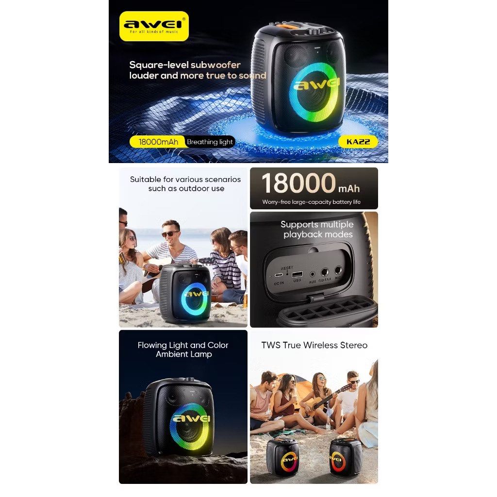 Awei KA22 50W Portable Bluetooth Speaker With RGB Lights Long Battery ...