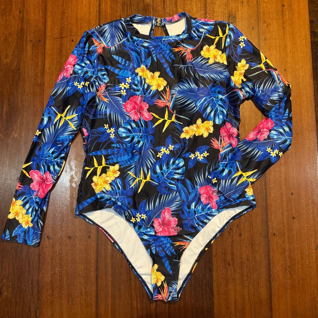 FLOAT INS Dark tropical summer floral blue mock neck long sleeve circle ...