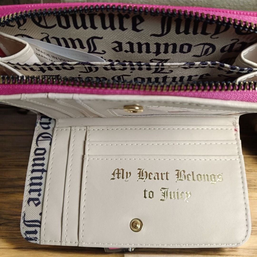 Juicy Couture Love Heart Wallet Bifold Pink Zip Around Embossed Padlock ...