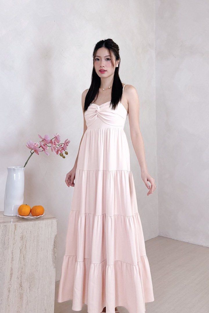 Mikayla Glenette Front Twist Tiered Midi Dress in Ice Pink, Women's ...