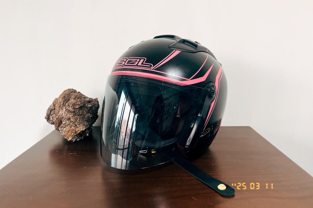 [全新閒置]SOL Helmets 27S 開放式安全帽 3/4罩式 消光黑/粉 內襯/半罩/鏡片/雙D扣, 汽機車零配件在旋轉拍賣