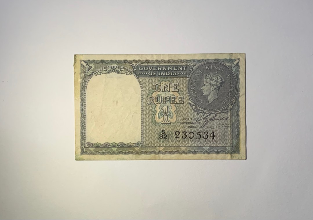 WW2 1944 British India Raj 1 Rupee old original colonial war time paper ...