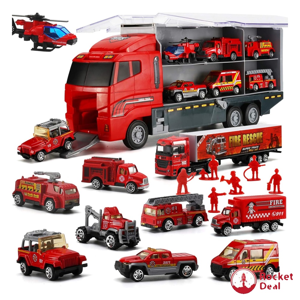 19 Pcs Fire Truck with Firefighter Toy Set, Mini Die-cast Fire Engine ...