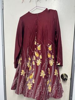 Baju Kurung Batik Moden Tradisional Maroon Burgundy Raya, Women's ...