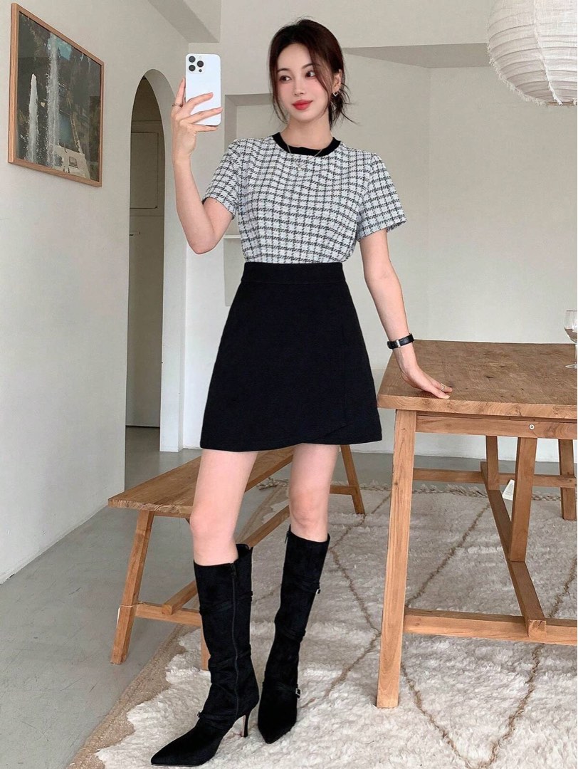 DAZY X STARSERIES korean tweed Plaid Print Contrast Trim Tee blouse, Women's Fashion, Tops ...