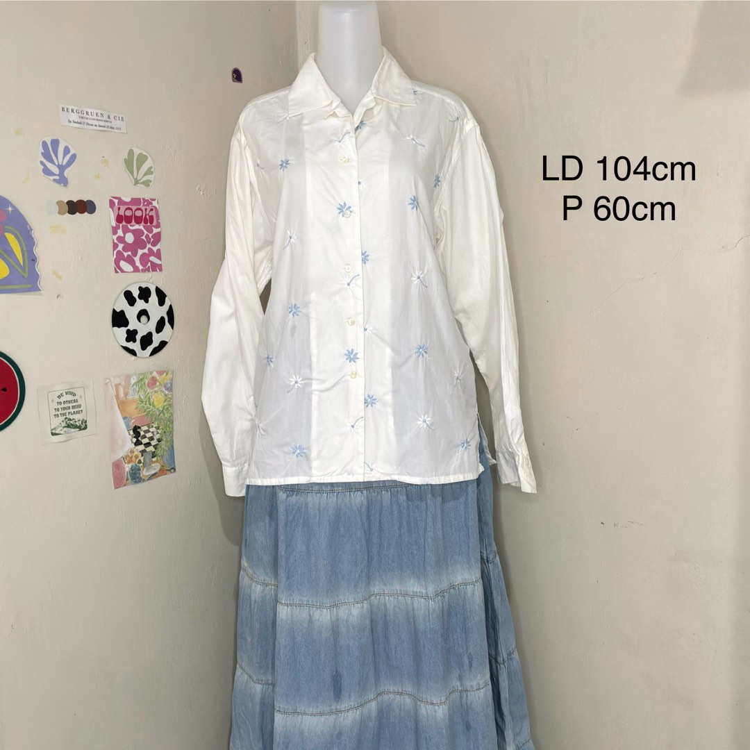 Kemeja floral flower putih white top bunga soft blue korean shoujo ...