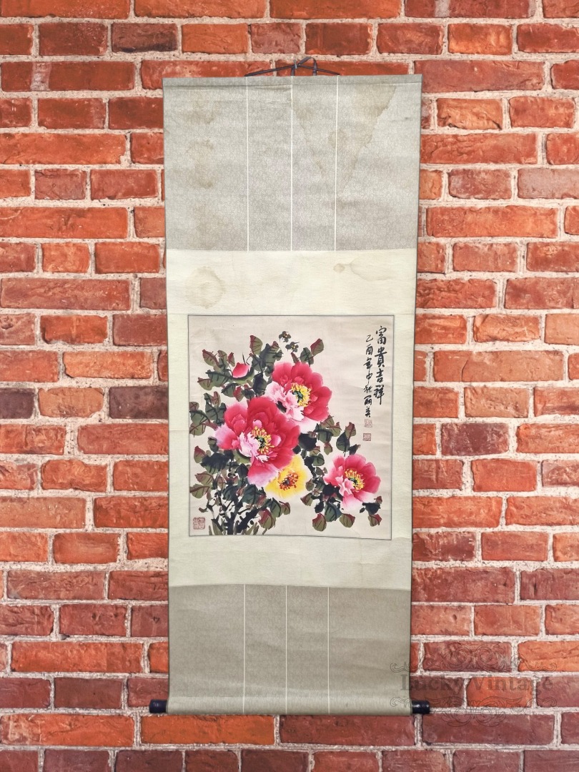 Vintage lukisan Bunga Flower Gulung Chinese Peranakan Tua Original ...