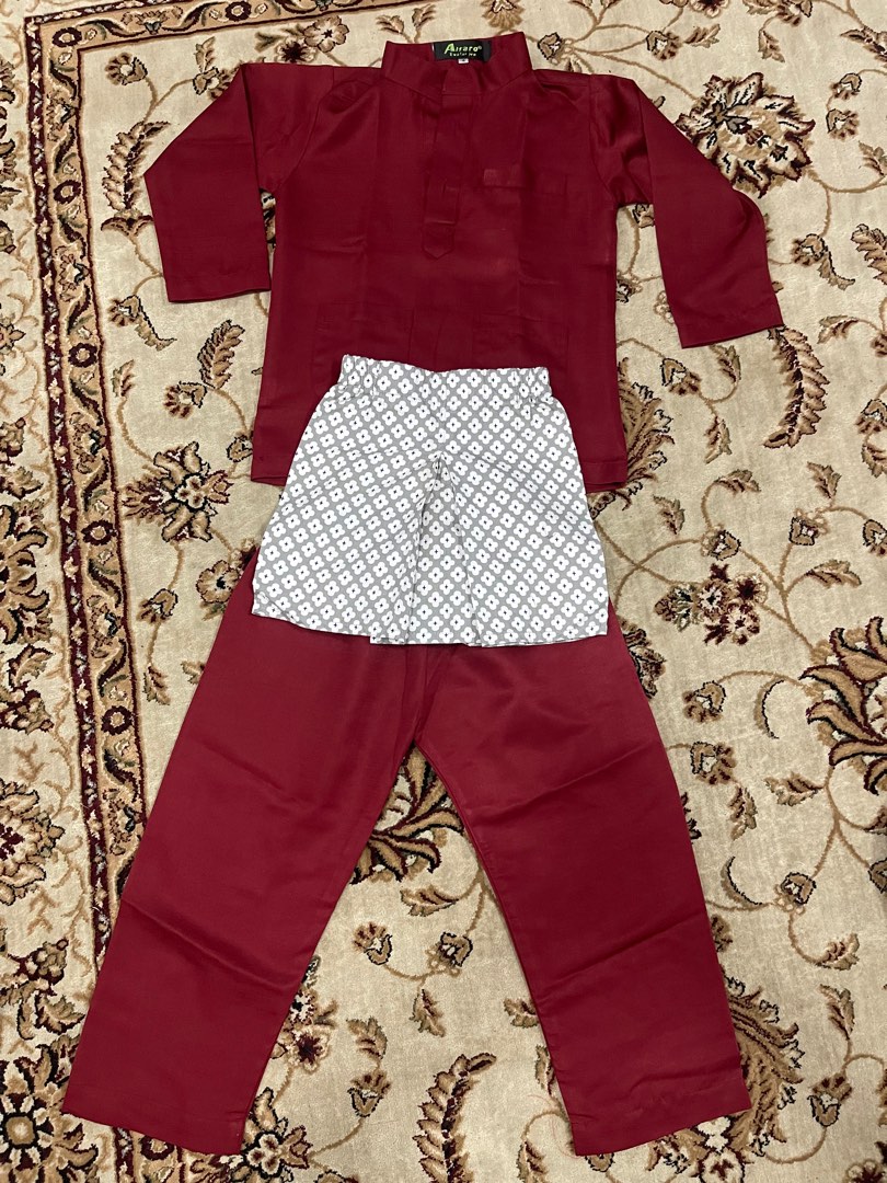 Baju melayu budak alfaro maroon merah with sampin, Babies & Kids ...
