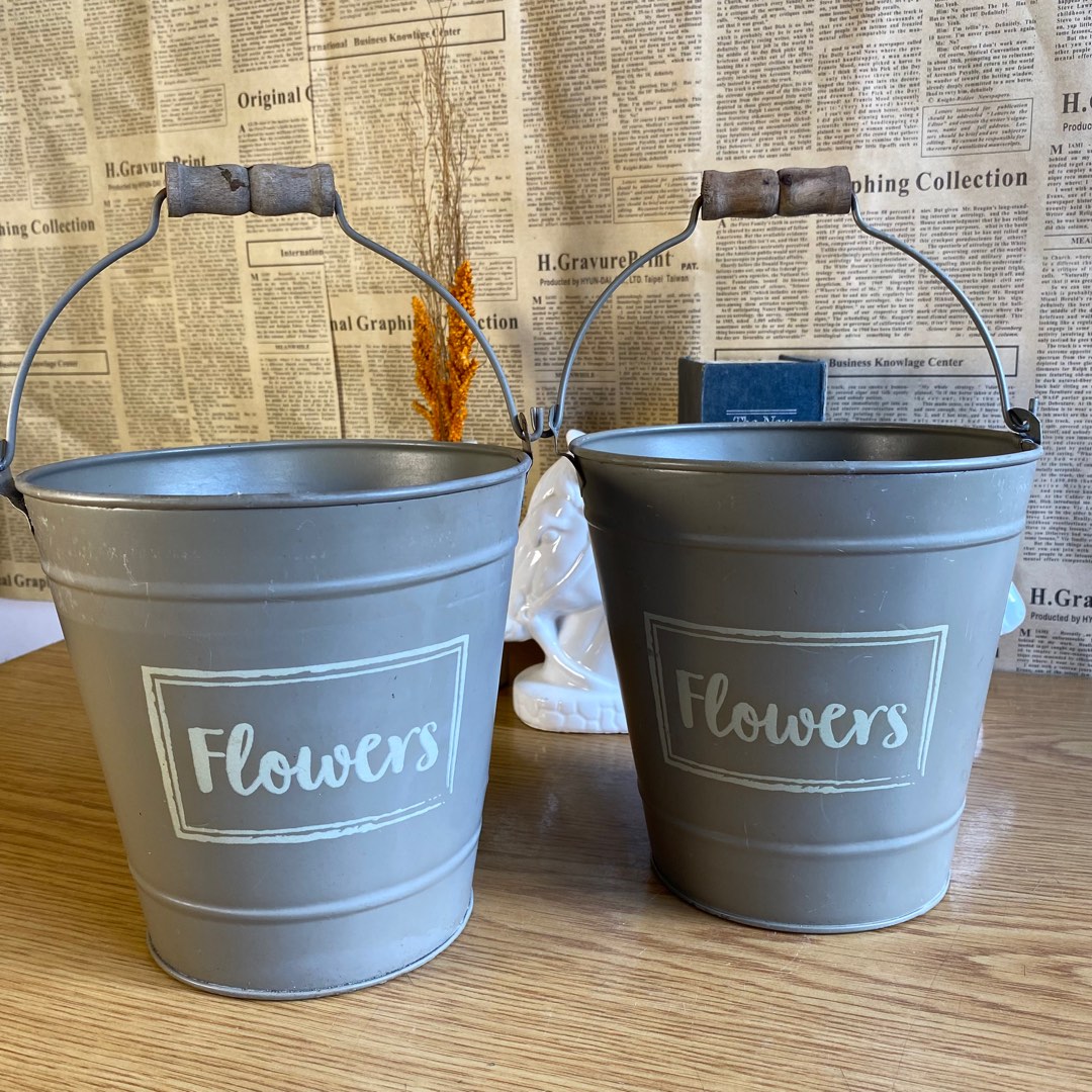 Decorative Metal Garden Bucket with Wood Handle - 2 pieces available ...