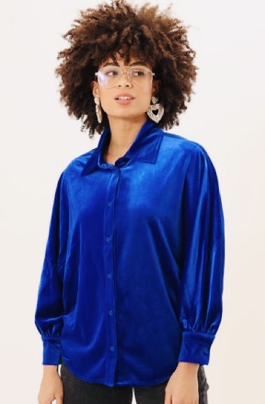 Electric Blue Velvet Velour Polo Long Sleeves, Women's Fashion, Tops ...