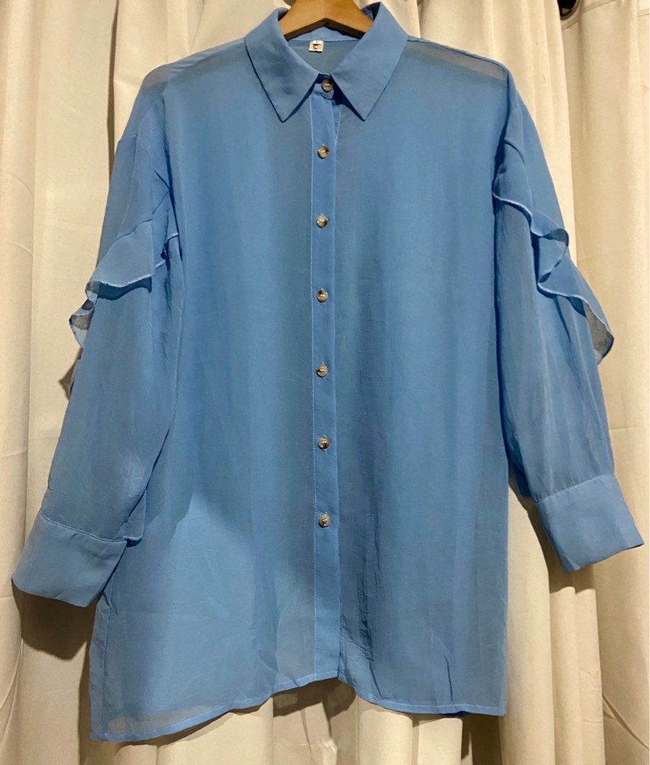 Light Blue Sheer Ruffles sleeves Polo, Women's Fashion, Tops ...