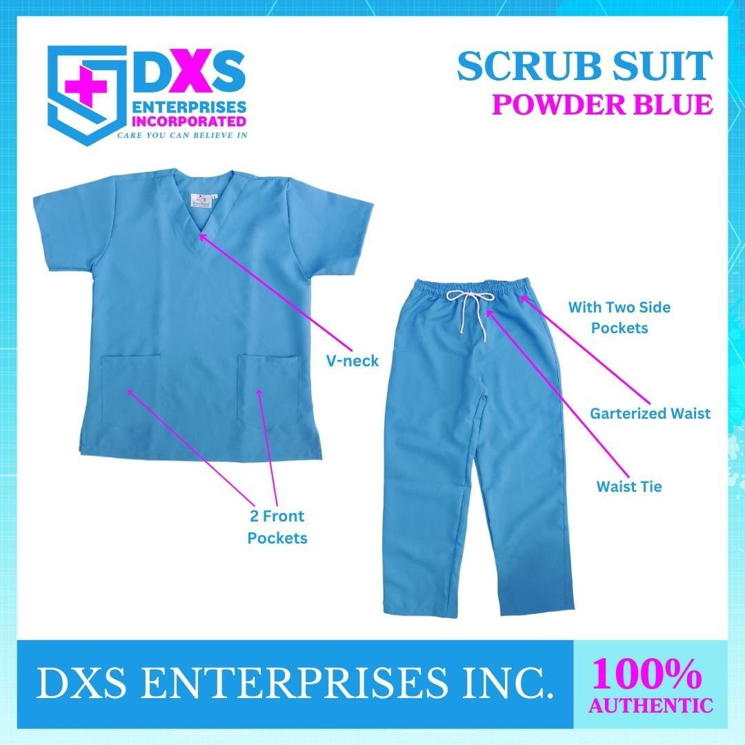 SCRUB SUIT POWDER BLUE 1 SET WITH FREE HEAD CAP & MASK, Health ...