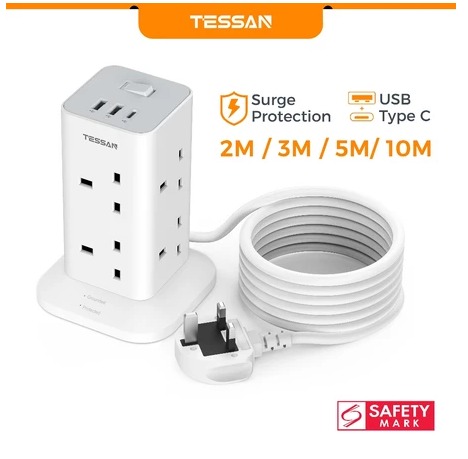 TESSAN Tower Extension Plug Tower Socket with USB+Type C, Surge ...