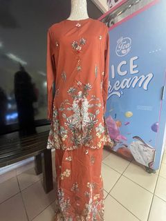 Baju Raya 2024 Orange Baju Kurung Moden Kain Duyung with Polyester ...