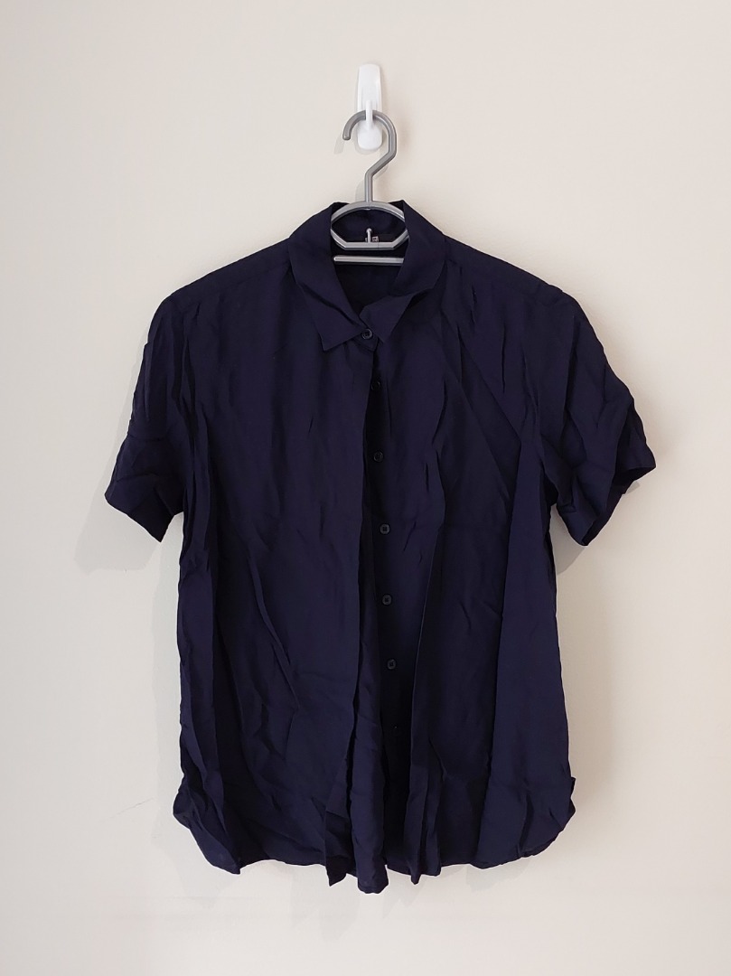 Uniqlo Navy Blue Blouse, Women's Fashion, Tops, Blouses on Carousell
