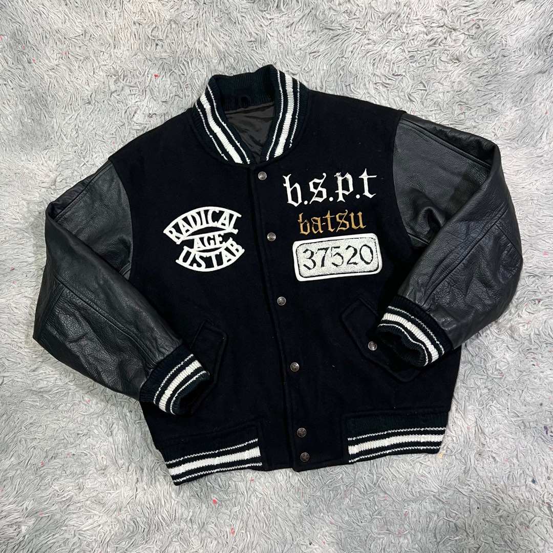 Vintage batsu leather wool varsity jacket, Men's Fashion, Coats, Jackets and Outerwear on Carousell