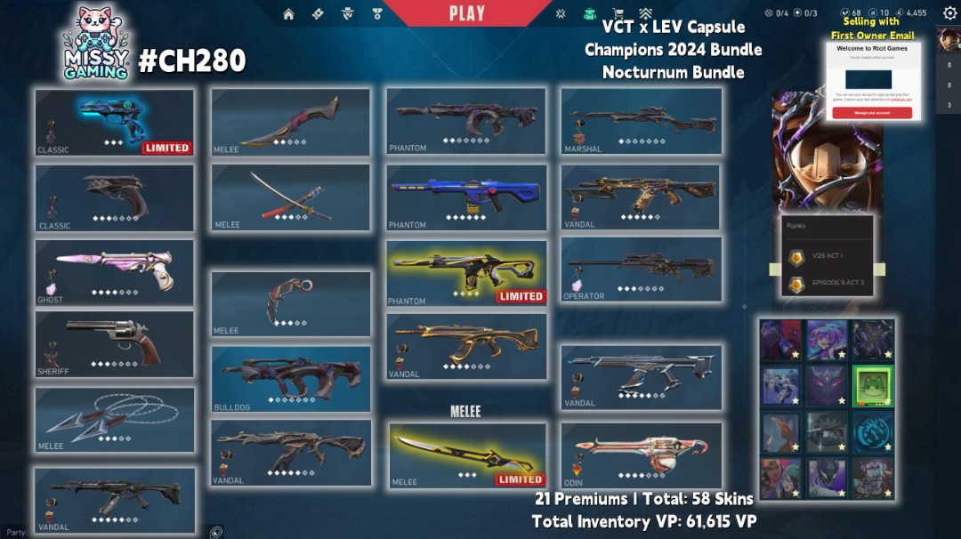 WTS Valorant Account 21 VP Skins with first owner email - Champions ...