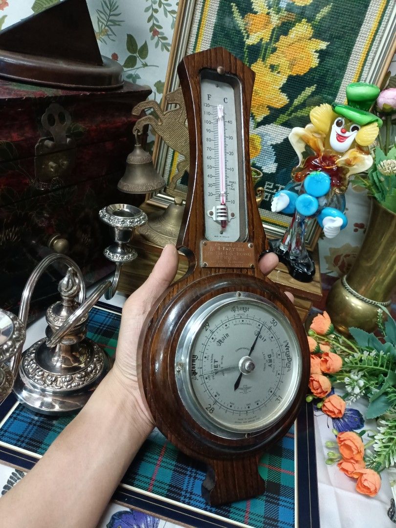 1950s oak wood barometer england 16inch wall decor prop vintage ...