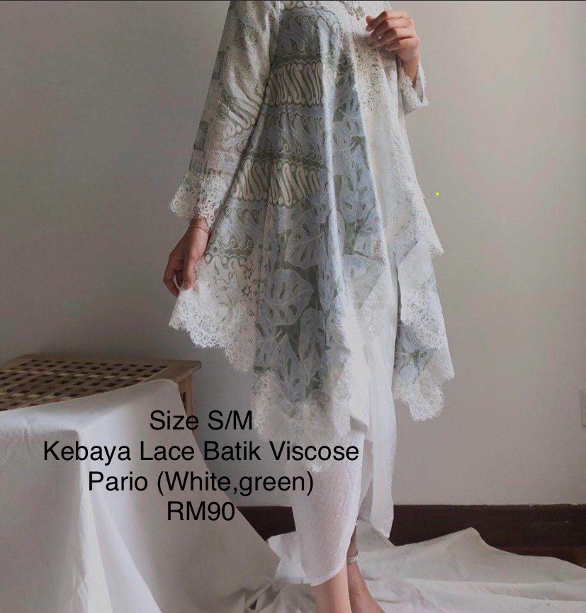 Aster KL Kebaya lace Pario White Green, Women's Fashion, Muslimah ...