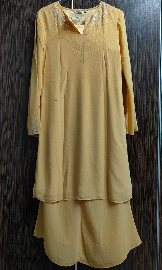 Baju Kurung Plain Kosong Chiffon Full Lining Raya Kuning Gold, Women's ...