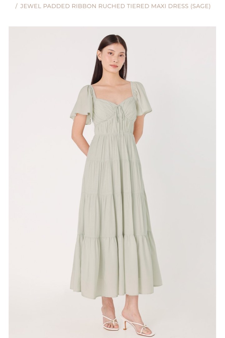 Jewels Padded Ribbon Ruched Tiered Maxi Dress in Sage, Women's Fashion ...