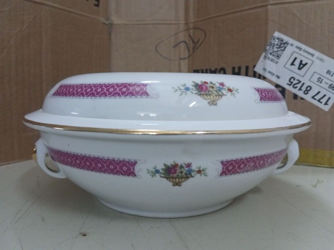 Vintage Swatow China pink pinstripe Red Roses Gold Bevel Soup Tureen PO ...