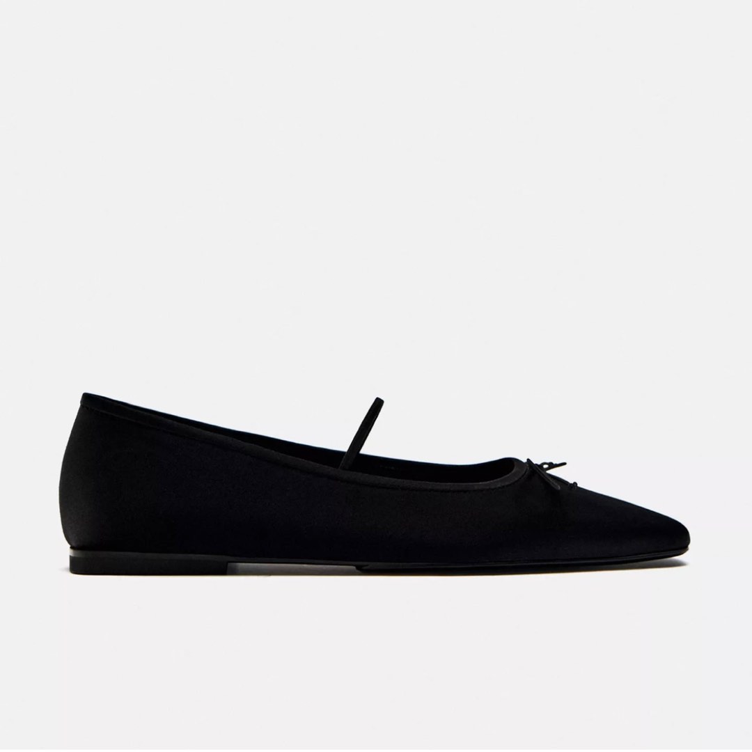 Zara | Satin Ballet Flats with Bow in Black (Size 6), Women's Fashion ...