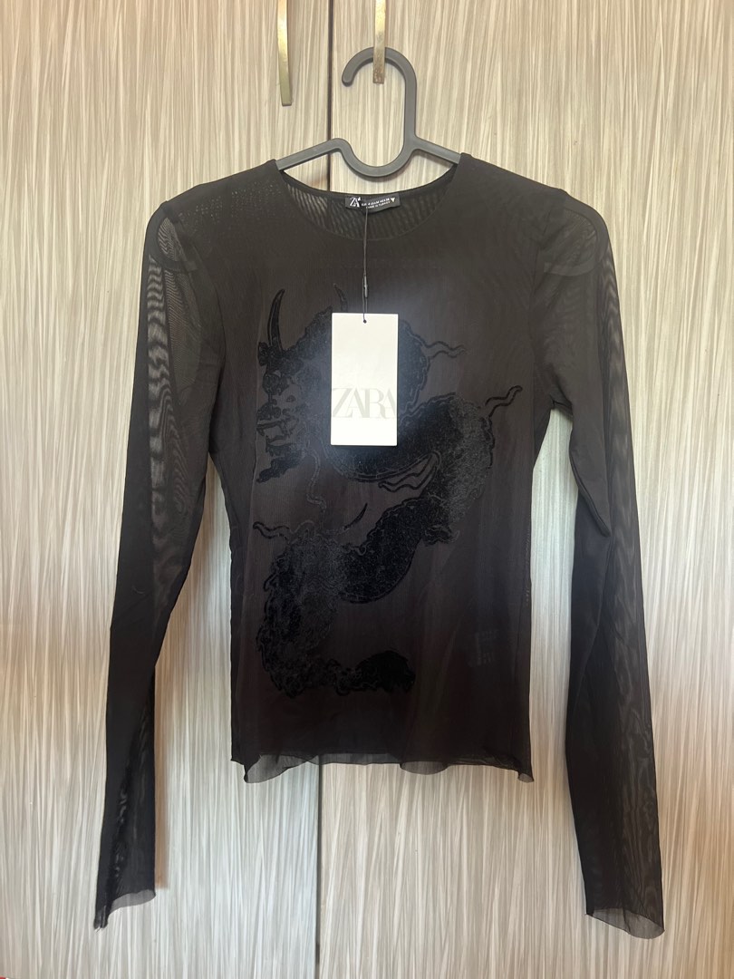 Zara Stretchy Sheer Dragon Print Top, Women's Fashion, Tops ...