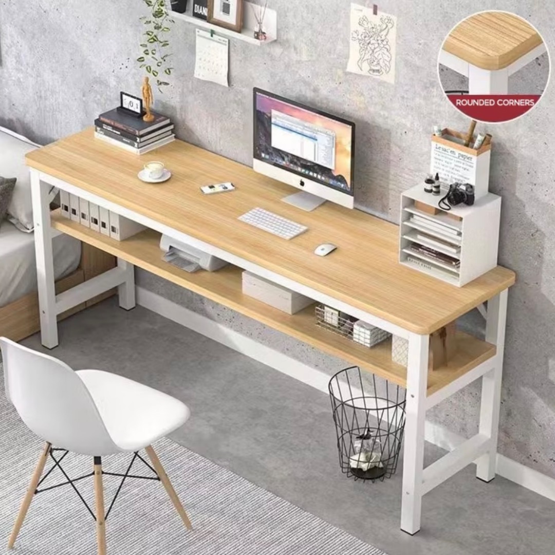 [FREE DELIVERY] Wooden Computer Desk With Shelf | Spacious Double ...