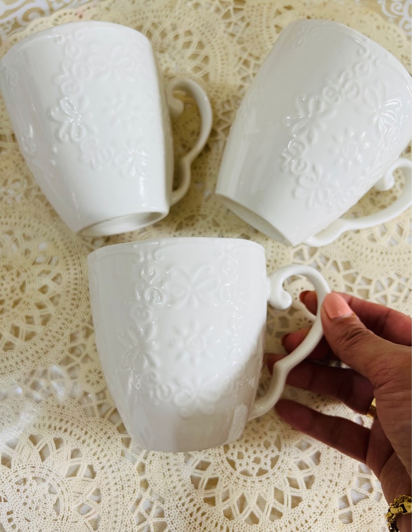 Vintage European style White embossed design mugs, Furniture & Home ...