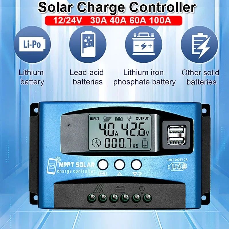 30A 40A 50A 60A 100A MPPT Solar Charge Controller APP Bluetooth LCD Display 12V/24V Dual USB ...