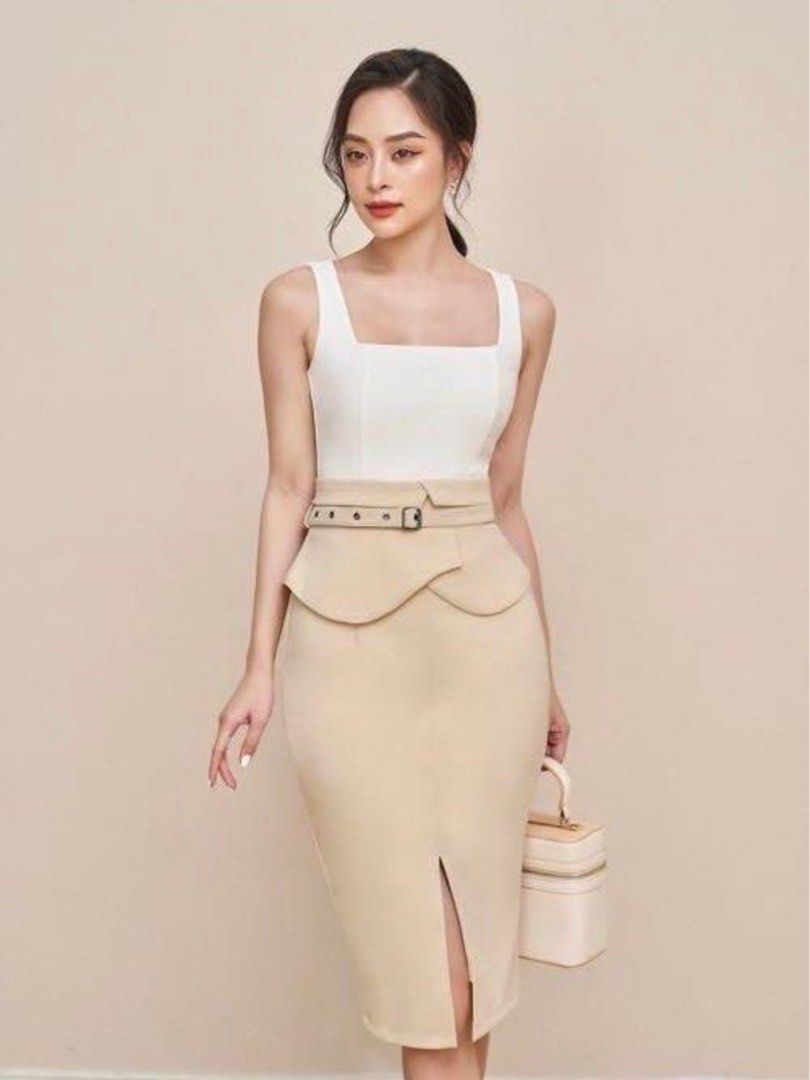 CHELLO ANSLEY TWO TONE PEPLUM DRESS IN WHITE CREAM, Women's Fashion, Dresses & Sets, Dresses on ...