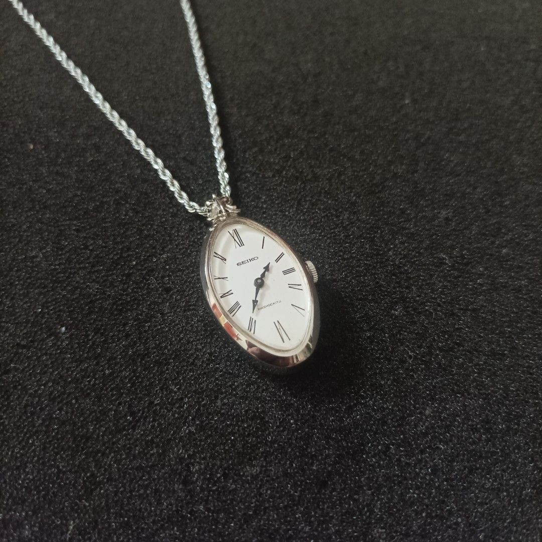 Rare Vintage Necklace Seiko Liontin Oval Diashock 17 Jewels Silver ...