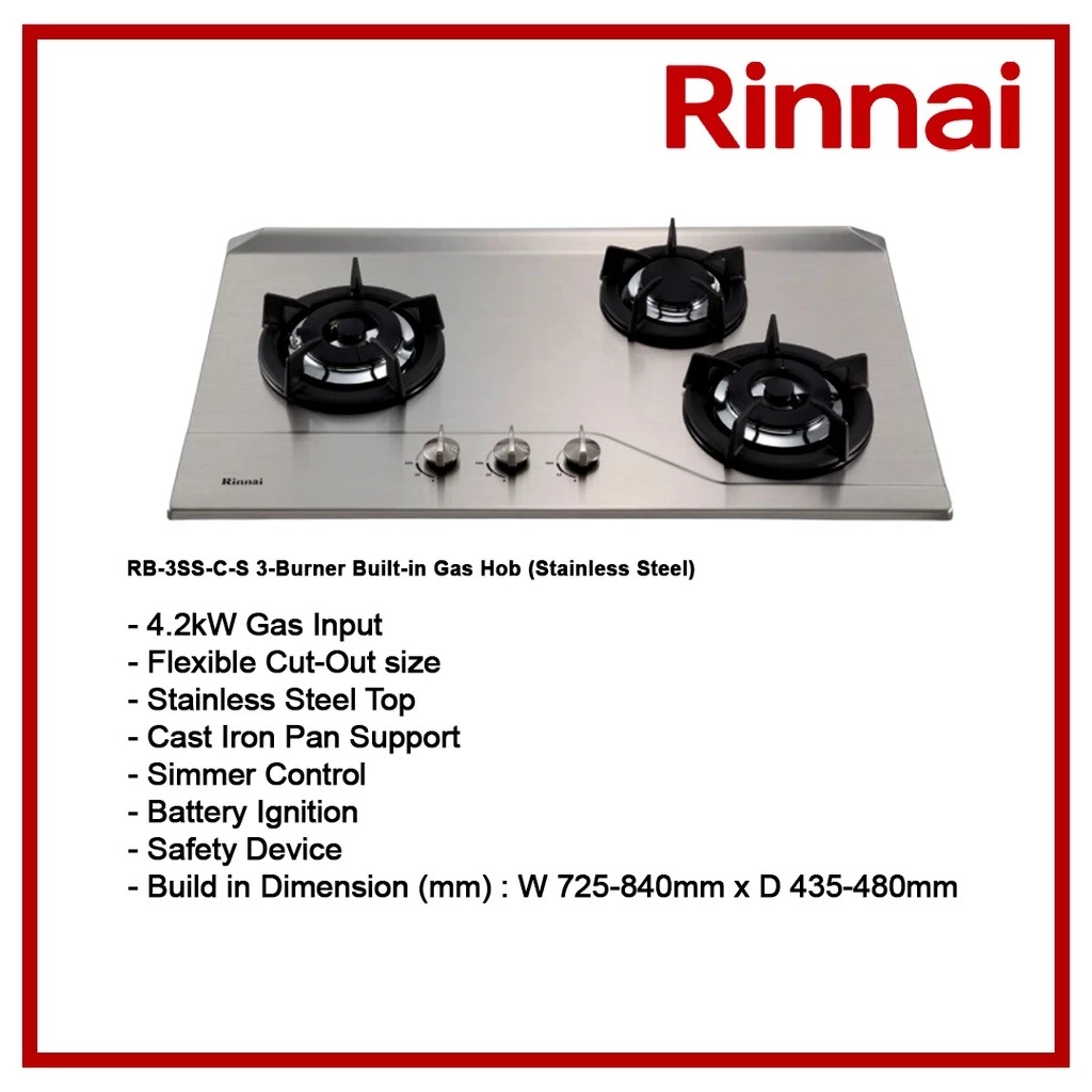 Rinnai RB-3SS-C-S 3 Burner Built-in Gas Hob (Stainless Steel), TV & Home Appliances, Kitchen ...