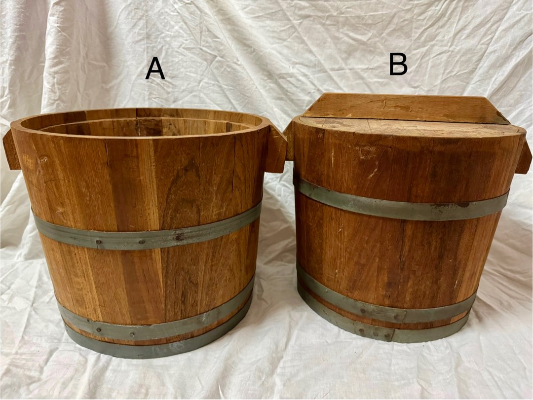 Vintage wooden rice bucket, wooden rice container, storage, still ...