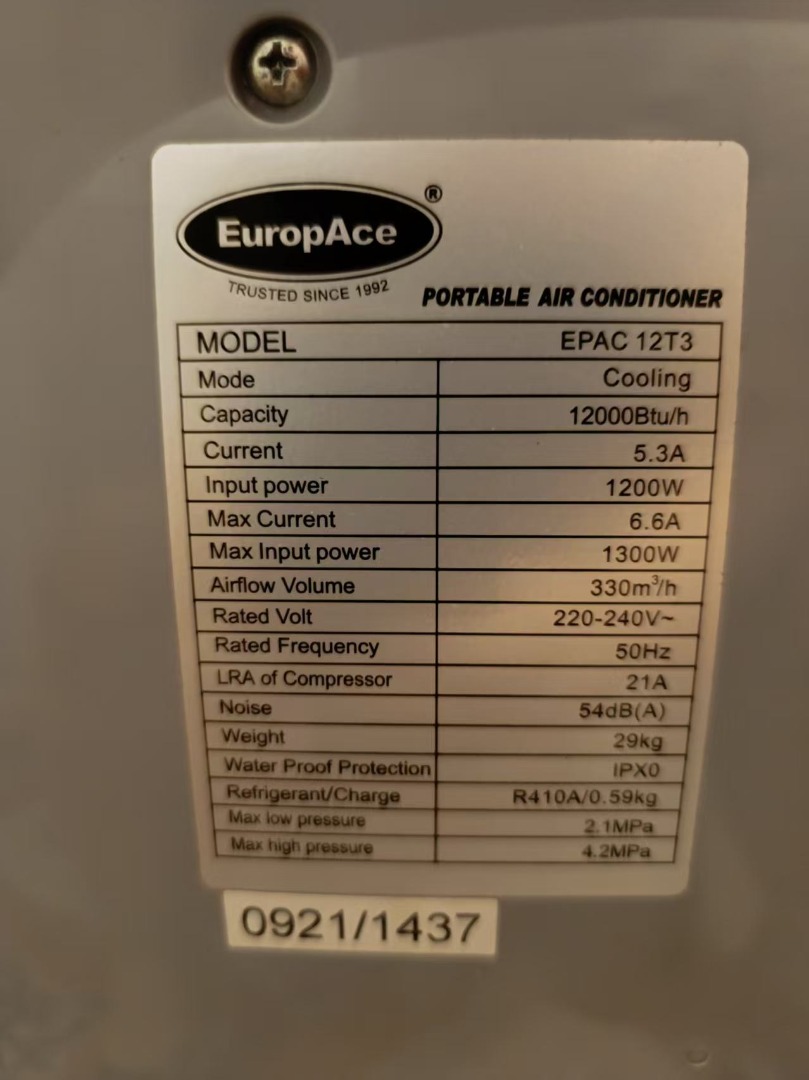 europace portable air conditioner 12000BTU, TV & Home Appliances ...