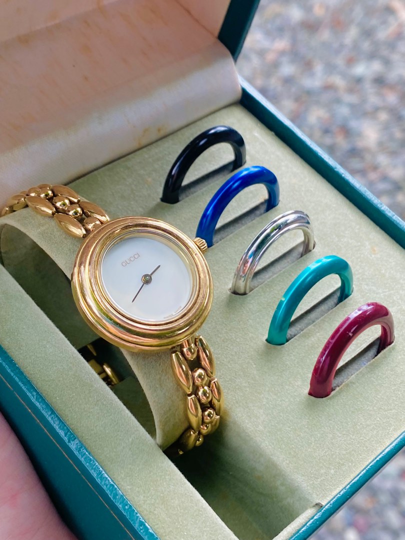 Gucci Interchangeable Bezels Gold Bangle Rings Watch, Luxury, Watches ...
